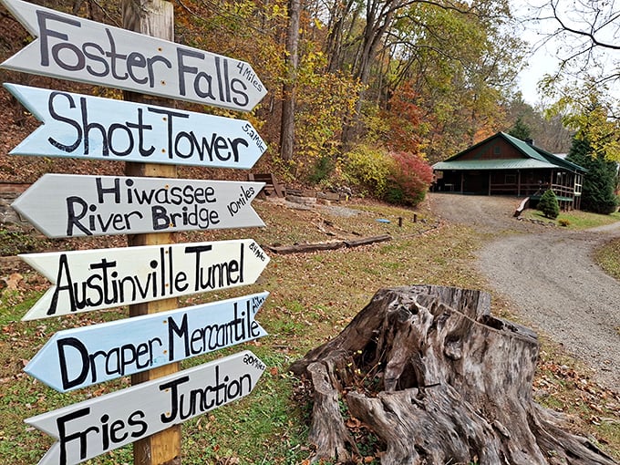 Choose your own adventure at this rustic signpost. Foster Falls or Shot Tower? Why not both&mdash;you've got all day and nowhere else to be.