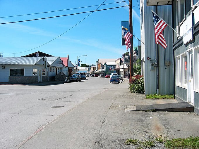 Main Street, Wrangell style &ndash; where American flags wave proudly and nobody's in a hurry. The perfect antidote to big-city chaos.
