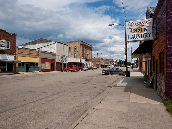 Downtown Ellendale's historic storefronts stand proudly against the prairie sky, where pickup trucks outnumber parking meters.