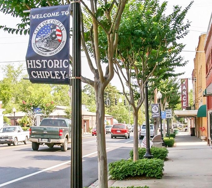 The "Historic Chipley" banner welcomes visitors to a downtown where everybody knows your coffee order after your second visit.