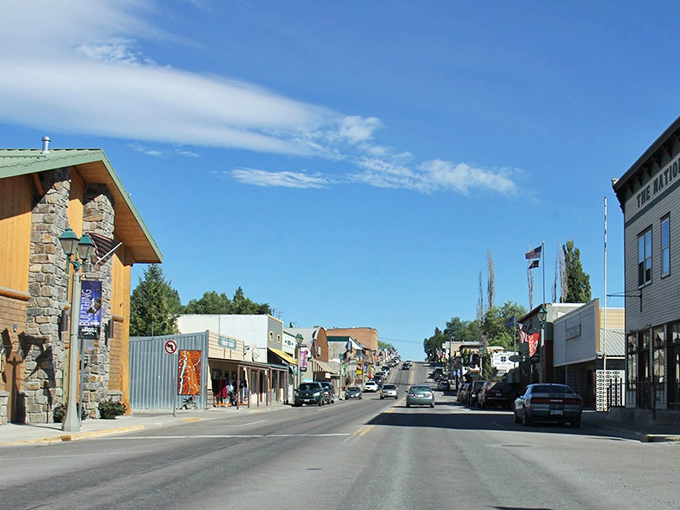 Blue skies stretch endlessly above Eureka's main drag, where every storefront tells a story and nobody's in a hurry.