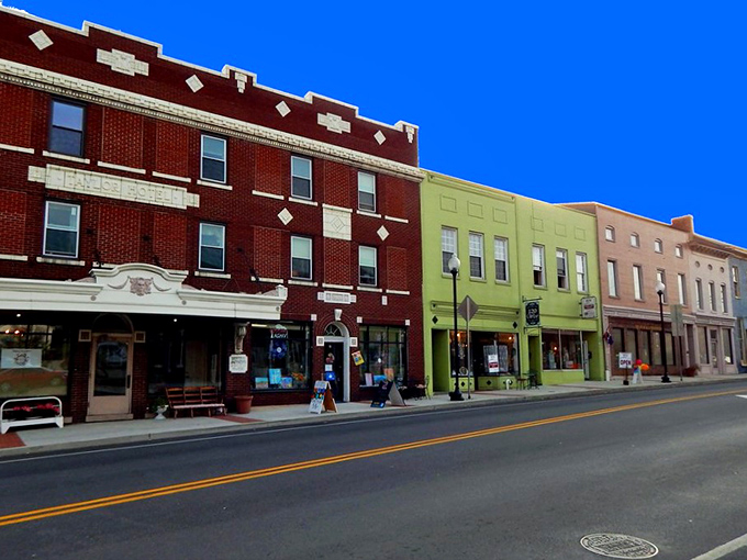 A painter's palette of storefronts lines E-town's main drag, where lime green buildings pop against brick neighbors like cheerful conversation starters.
