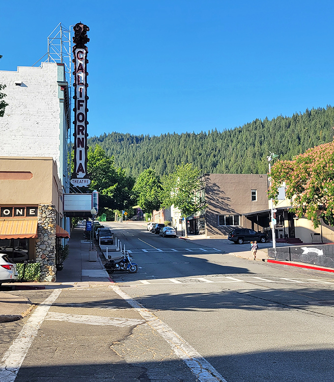 California Theatre from another angle &ndash; where the vertical sign competes with mountain vistas to catch your eye, and usually wins.