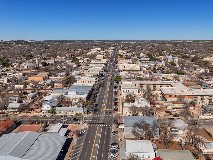 An aerial view reveals Fredericksburg's perfectly preserved grid, like a postcard from simpler times.