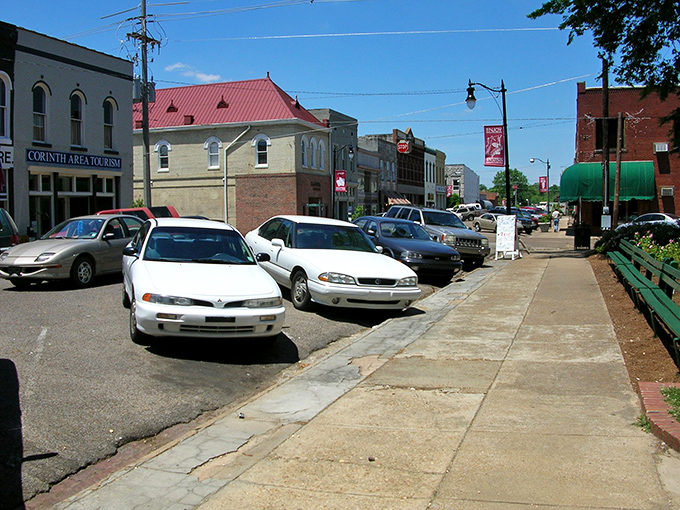 Angle parking in downtown Corinth&mdash;where finding a spot is never a blood sport and your car door won't collect dings like frequent flyer miles.