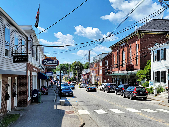 That classic New England postcard moment &ndash; complete with the vintage Rexall sign that makes you wonder if you've time-traveled to a simpler era.
