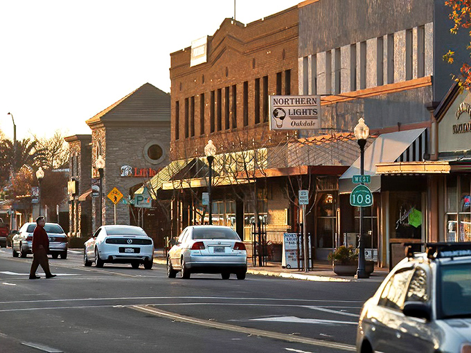 Northern Lights Bakery anchors a stretch of Oakdale's downtown where the golden hour light makes even everyday errands feel like you're walking through a nostalgic film set.