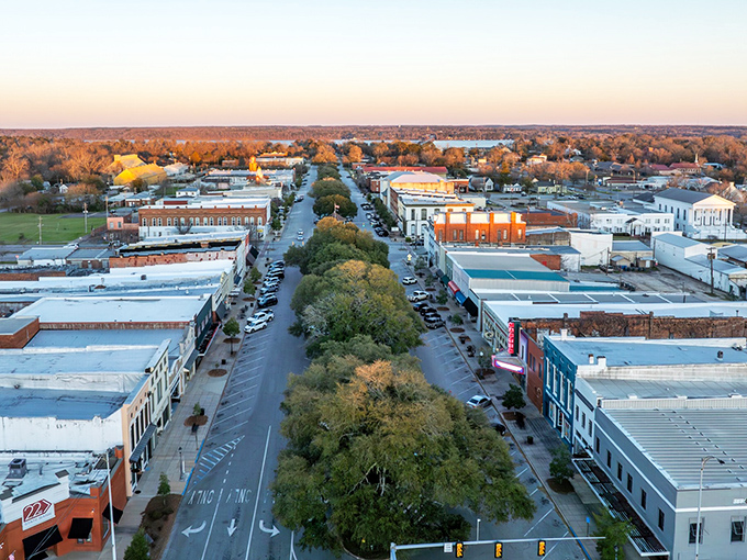 A bird's-eye view of downtown Eufaula reveals the perfect grid of history, with oak trees standing sentinel down the center.