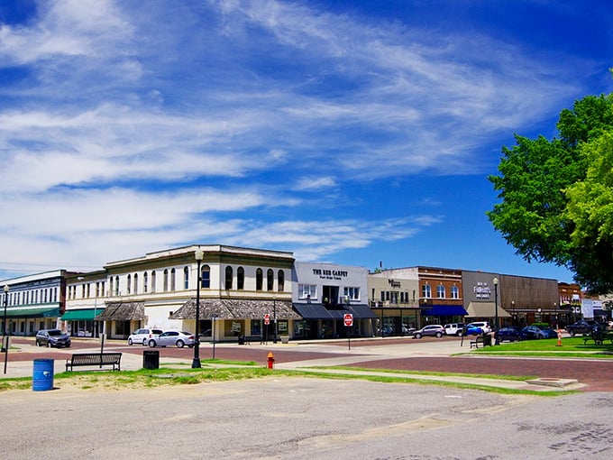 Under impossibly blue Midwestern skies, Sikeston's main street offers a glimpse into a world where local businesses still form the backbone of community life.