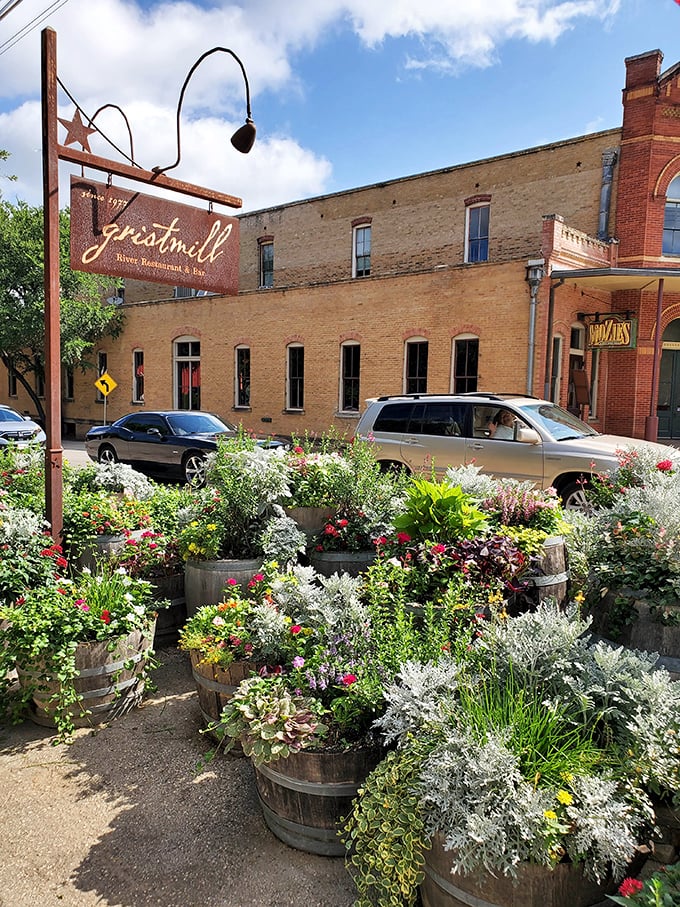 The Gristmill Restaurant's entrance blooms with life, where wooden barrels overflow with flowers as colorful as Texas tall tales.
