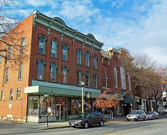 Historic brick buildings that house real businesses, not just Instagram photo ops for influencers. 