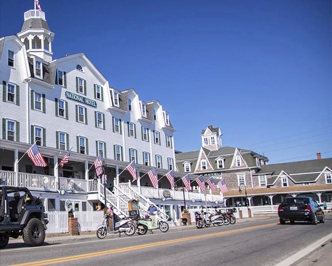 Downtown Block Island's National Hotel stands proudly with its flags waving, practically begging you to grab a rocking chair.