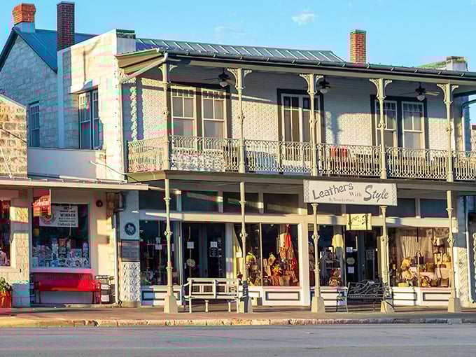 These ornate balconies and vintage storefronts aren't movie sets—they're the real deal. Leathers With Style exemplifies Fredericksburg's preserved 19th-century charm.