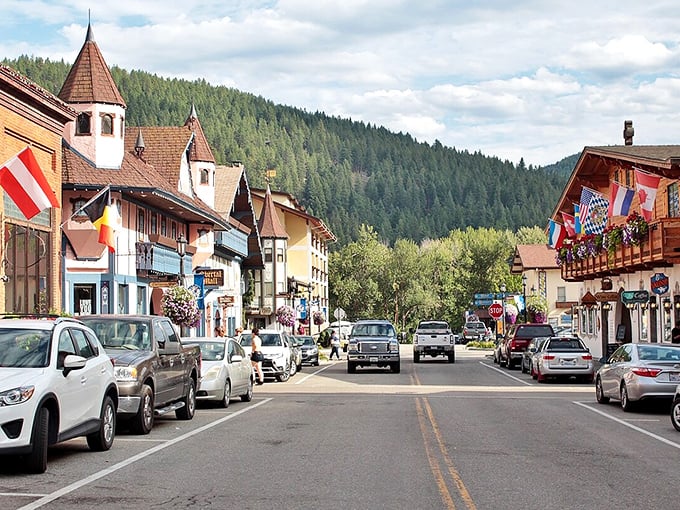 Downtown Leavenworth's charm offensive includes colorful facades, international flags, and mountains that seem to pose for postcards on purpose.