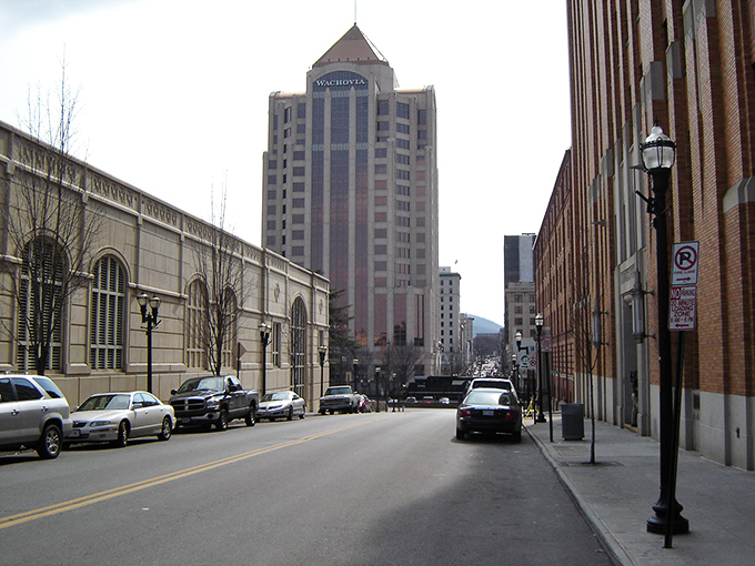 This downtown street view captures Roanoke's architectural character&mdash;a place where banking towers and brick buildings coexist like unlikely roommates who somehow get along.
