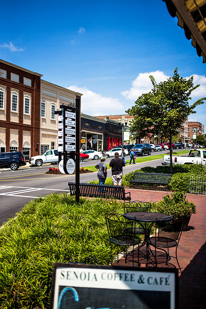 Brick buildings, blue skies, and benches that practically beg you to sit a spell. Downtown Senoia makes rushing seem like a crime against humanity.