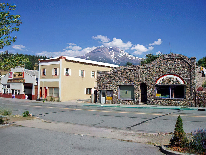 This stone archway building looks like it could tell stories from when gas was thirty cents a gallon.