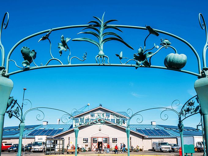 Nature meets artistry at the market's entrance, where whimsical metal sculptures of vegetables and flowers welcome visitors under impossibly blue Washington skies.
