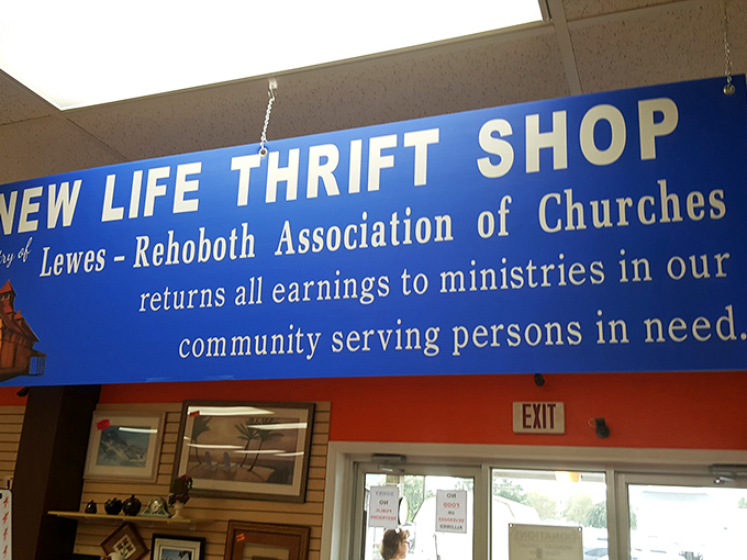 Shopping with purpose! This blue banner reminds visitors that every purchase helps fund community ministries&mdash;retail therapy that actually makes a difference.