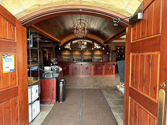 Step through these wooden doors and enter wine wonderland &ndash; the barrel-vaulted ceiling and chandelier set the mood.