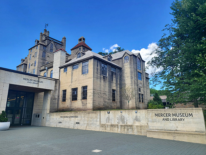 Modern meets medieval at the Mercer Museum entrance. The contemporary addition welcomes visitors before they step back in time inside this remarkable concrete fortress.