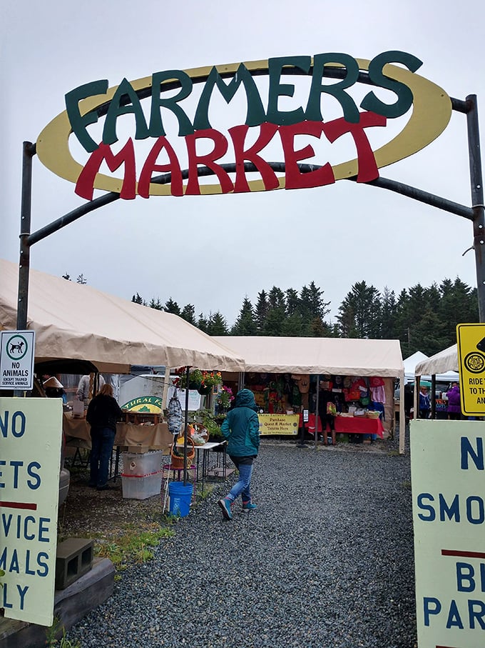 The gateway to Alaskan abundance. This colorful sign welcomes market-goers to a world where "farm-to-table" isn't a trendy phrase&mdash;it's just Saturday morning in Homer.