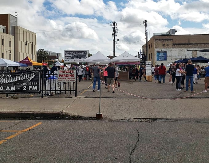 Shoppers browse colorful produce displays under a patchwork of tents, proving that "farm-to-table" isn't just a fancy restaurant concept in North Dakota.e