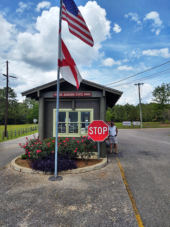 The welcoming entrance with its proud flags lets you know you've arrived somewhere special in Alabama's backyard.