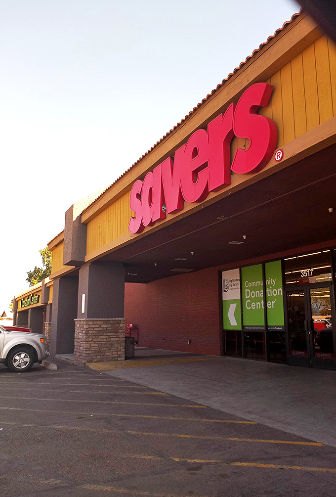 Palm trees frame this desert thrift oasis, where the real treasures aren't the gold in them thar hills, but the deals inside those doors.