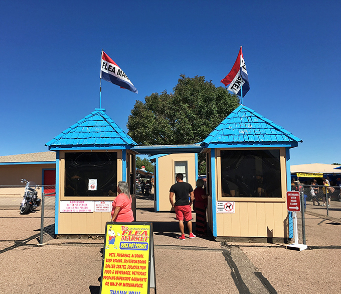 Those iconic blue-topped entrance booths&mdash;like the gates to retail Narnia where your wallet actually stands a fighting chance.