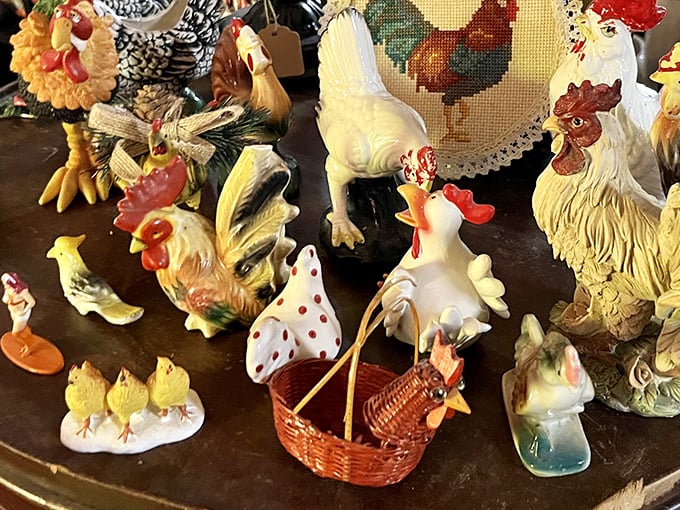 A ceramic chicken convention where every fowl has a story. Grandma's collection has nothing on this poultry party!