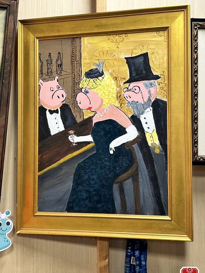 Where high society meets pork society! This whimsical painting proves that even swine can appreciate a good cocktail party.