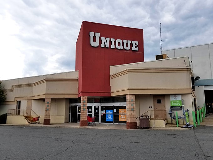 A no-frills exterior hides a universe of possibilities within. This unassuming building houses more potential outfits than a Hollywood costume department.
