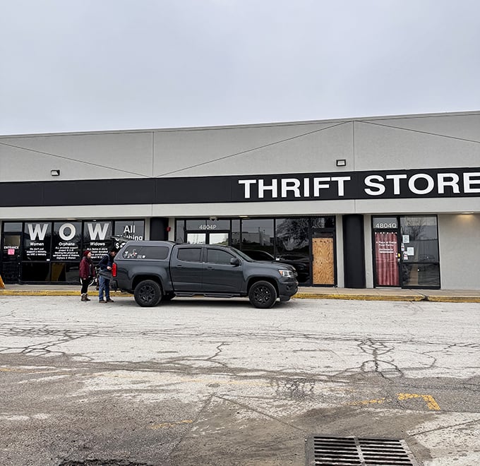 Thrift store philosophy 101: The most unassuming exteriors often hide the most extraordinary finds. This no-frills façade is the gateway to bargain paradise.