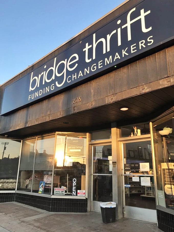 Modern storefront, vintage finds &ndash; Bridge Thrift's entrance beckons like a portal to retail time travel.