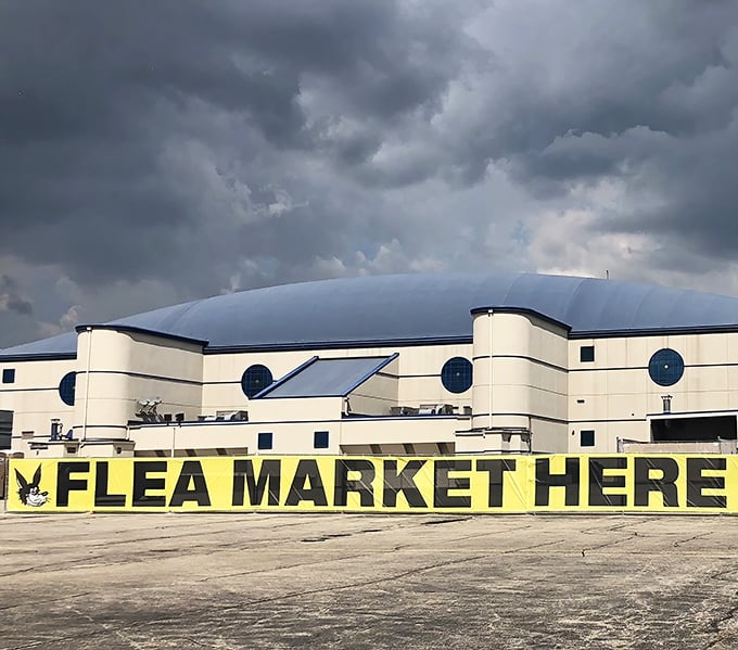 Storm clouds gather but can't dampen the treasure-hunting spirit at Allstate Arena, where the "FLEA MARKET HERE" banner beckons like a siren call.