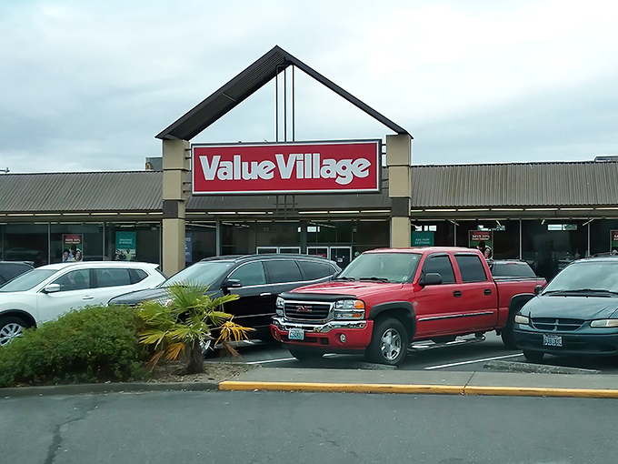 Treasure hunters' vehicles fill the parking lot on a typical Pacific Northwest day. The quest for deals continues rain or shine at this thrifting mecca.