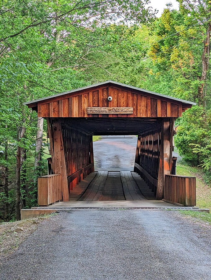 Nature frames this wooden time capsule perfectly in autumn, creating a scene that belongs on the cover of every Alabama travel guide ever printed.