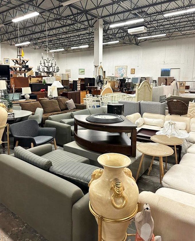 Furniture paradise stretches to the horizon like an IKEA without the meatballs or relationship tests. Your dream living room awaits somewhere in this sea of seating.