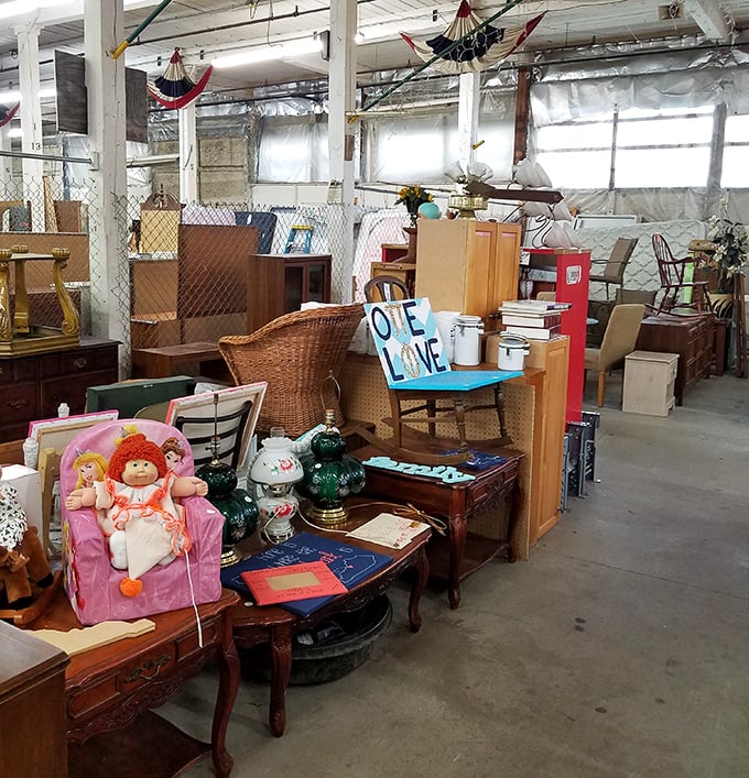 Furniture finds galore! From wicker chairs to vintage cabinets, this corner holds someone's next conversation piece waiting to be discovered.
