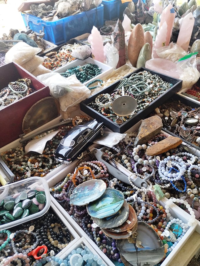 Gemstone heaven! Beads, crystals, and vintage jewelry components create a kaleidoscope of possibilities for collectors and crafters alike.