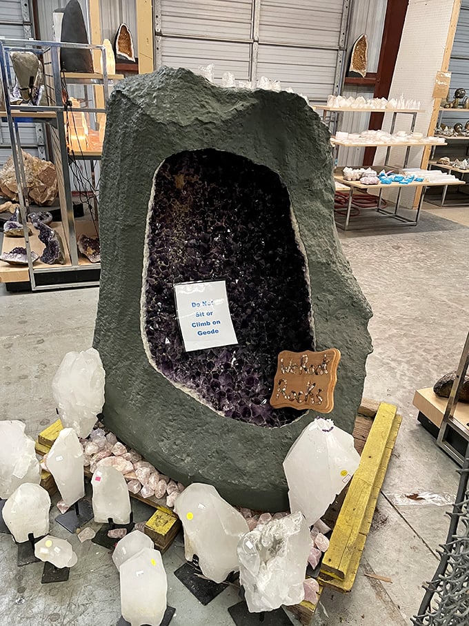 Nature's jewelry box on full display. This amethyst geode might be the only cave where "Do Not Sit" signs are actually necessary.