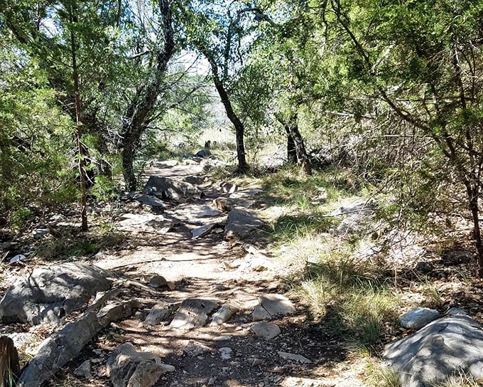 The rocky trail winds through Hill Country terrain, promising adventure with every challenging step.