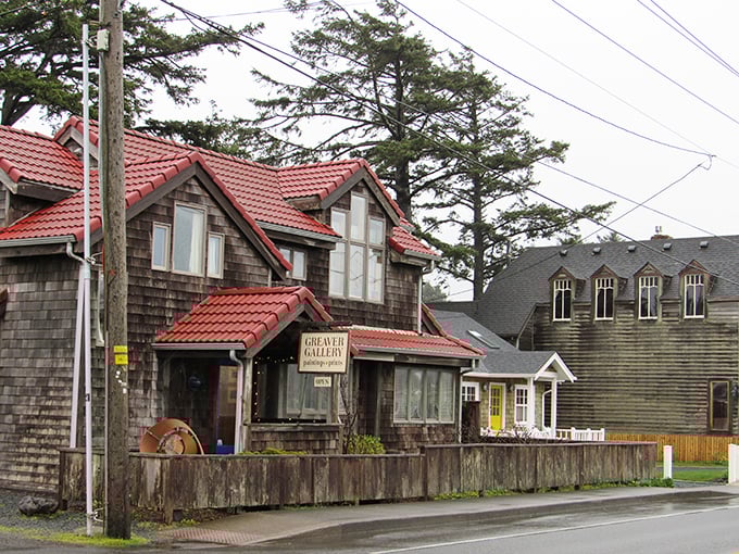Cedar-shingled character defines Cannon Beach architecture. The Greaver Gallery exemplifies the town's artistic soul, housed in classic coastal craftsmanship.