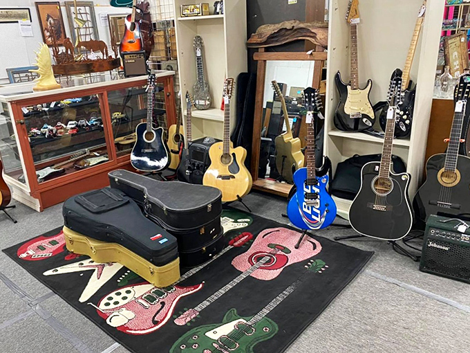 Guitar heaven awaits collectors and musicians alike. That blue electric beauty is practically begging to play one more power ballad.