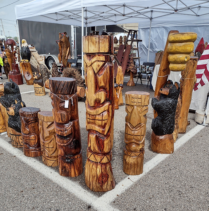 Wooden tikis and carved bears stand like sentinels of creativity. These chainsaw sculptures transform ordinary logs into conversation pieces for your garden.