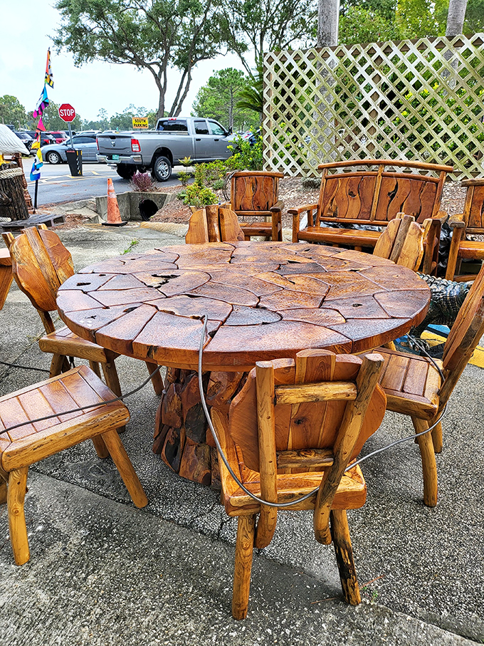 Rustic craftsmanship that would make Ron Swanson proud. This handcrafted wooden furniture set transforms any patio into a mountain lodge retreat.