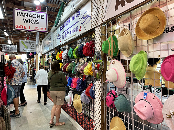 Hat heaven meets wig wonderland. This kaleidoscope of headwear offers protection from Florida's sunshine while making a fashion statement that screams "vacation mode activated."