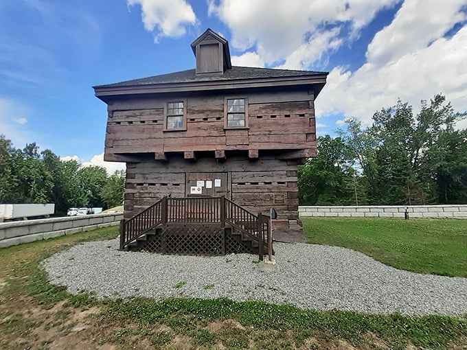 The historic blockhouse stands as a wooden sentinel of history, silently telling tales of the bloodless "Aroostook War" that shaped America's northernmost border.