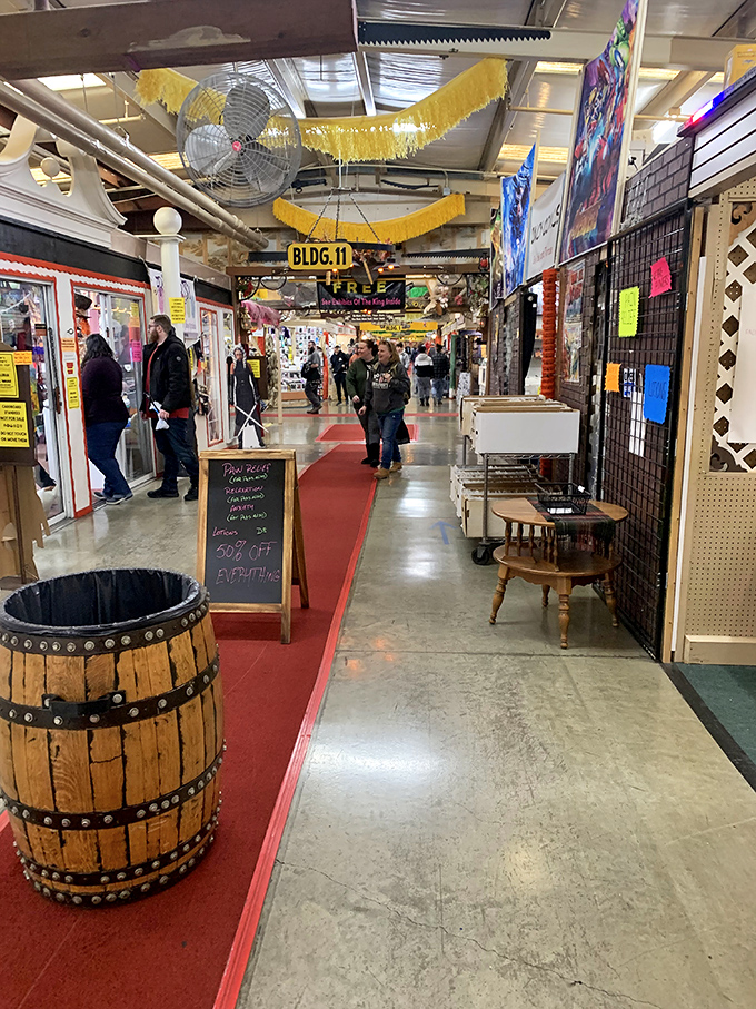 Red carpet treatment, flea market style. The barrel and wooden chair aren't just for sale&mdash;they're inviting you into a world of unexpected discoveries.